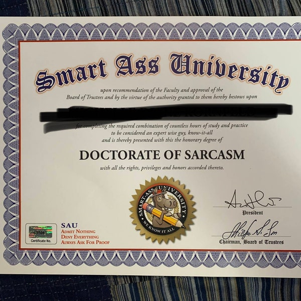 Personalized SARCASM University Certificate: Digital Download - Smart ...