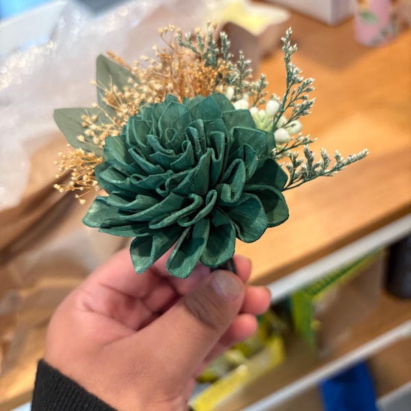 Dark Green and Gold Boutonniere, Emerald Dahlia Buttonhole, Groom and ...