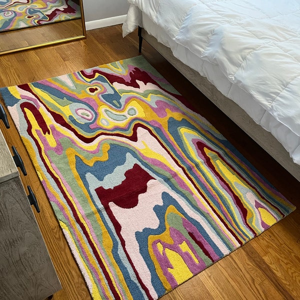 Irregular Shaped Throw Rug Illusion Greenery Pattern Hand-tufted 100% ...