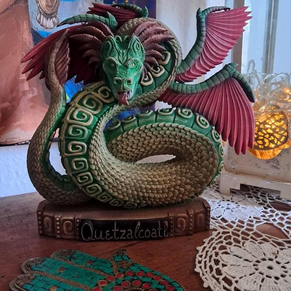 Quetzalcoatl Statue: Mayan Aztec Wood Dragon Totem - Etsy