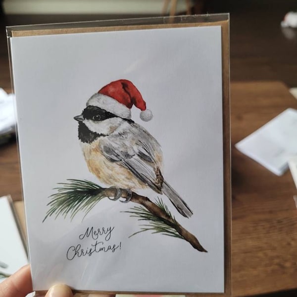 Christmas Chickadee Print, Holiday Home Decor, Santa Hat Bird Art Print - Etsy