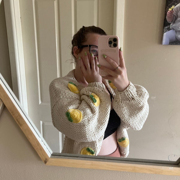 Lemon Slice Embroidery Woman Trendy Cardigan,cotton or Acrylic Oversize ...