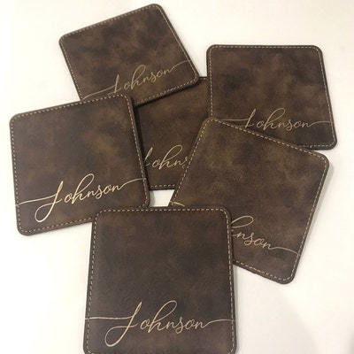 Personalized Family Name Coaster Set, Customized Leather Coasters ...