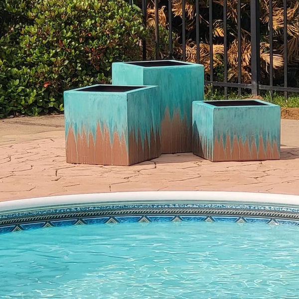 Turquoise Outdoor Planter - Modern Metal Planter - Large With Drainage ...