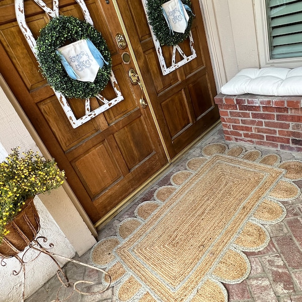 Scalloped Jute Rug, Light Blue Jute Scallop Boho Decor Handmade Rug ...