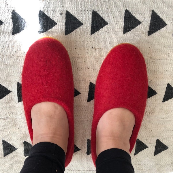 Red Women Wool Slippers, Boiled Wool Slippers, Bedroom Slippers, Hygge ...