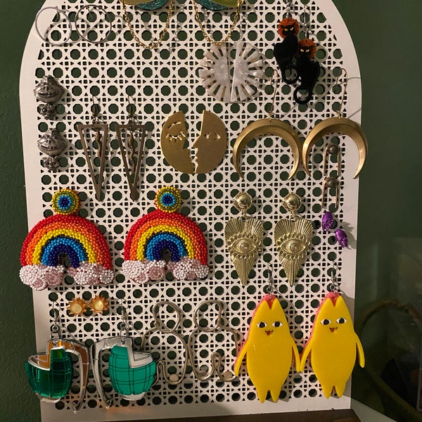 Large Boho Rattan Arch Earring Holder Stand With Wooden Base | Jewelry ...