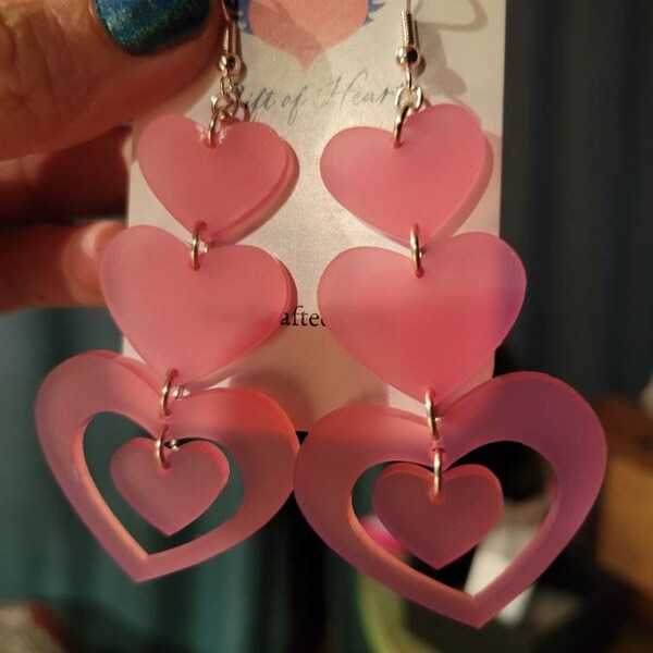 Frosted Pink Nesting Hearts Acrylic Earrings, Laser Cut Heart Statement ...