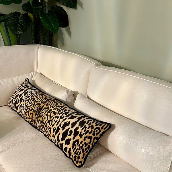 Leopard Velvet Lumbar Pillow – Designer Braemore Jamil Fabric, Black ...