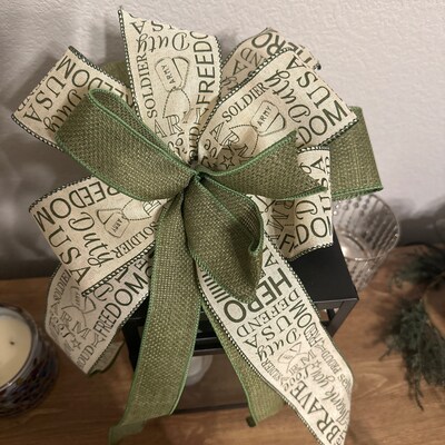 Army Forge Bow, Army Bow, Green and Burlap Bow, Bow for Lantern Wreath ...
