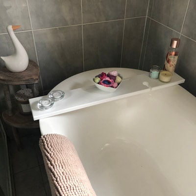 White Bath Rack Over the Bathtub Storage Caddy Wooden Bath Tray Bath ...