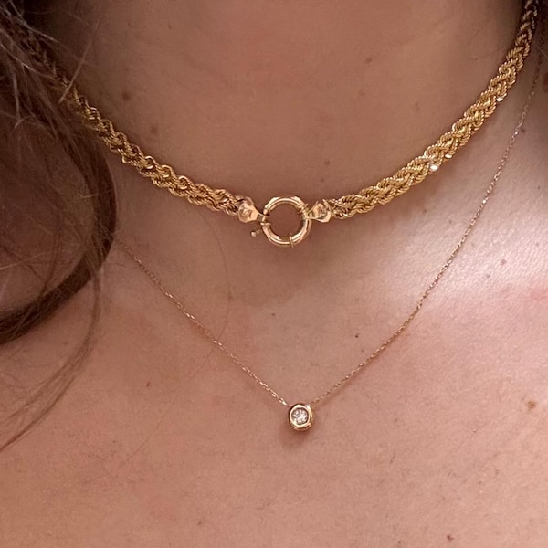 14k Gold Rope Chain Necklace | Sailor Lock Clasp, Reversible Straw Mesh ...