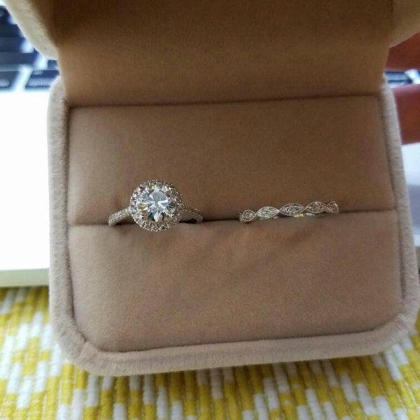 7mm Charles & Colvard Round Moissanite Ring Set Diamond Accent Solid ...