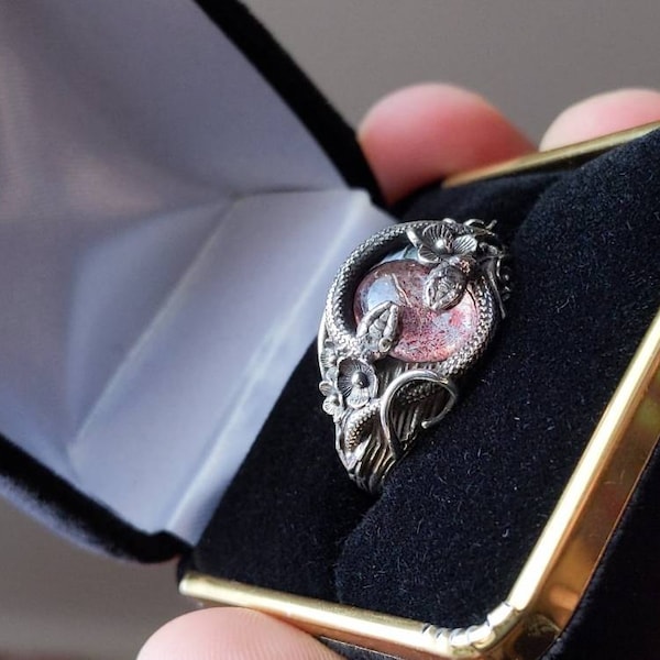 Strawberry Quartz Nature Inspired Snake Ring, Sterling Silver Snake ...