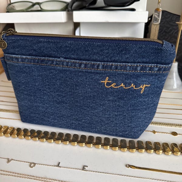 Personalized Upcycled Denim Zipper Pouch: Embroidered Makeup Bag Made ...
