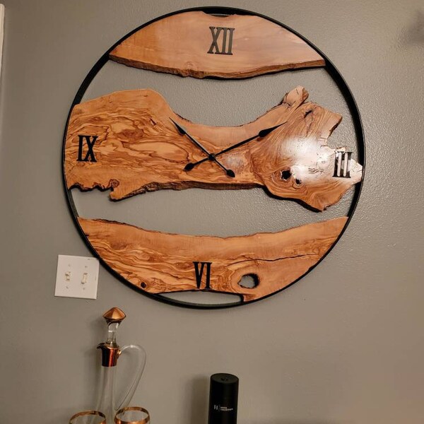 Olive Wood Wall Clock, Farmhouse Clock, Unique Wall Clock, Large Wall ...