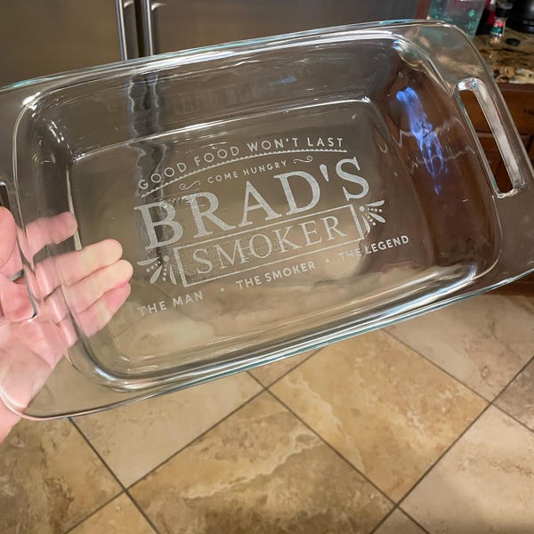 Customizable BBQ, Grill or Smoker Etched Glass Pan With Blue or Red Lid ...