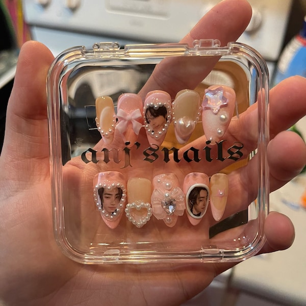 Custom KPOP Press on Nails Pink & White Pearl Girly Coquette Nails Kpop ...