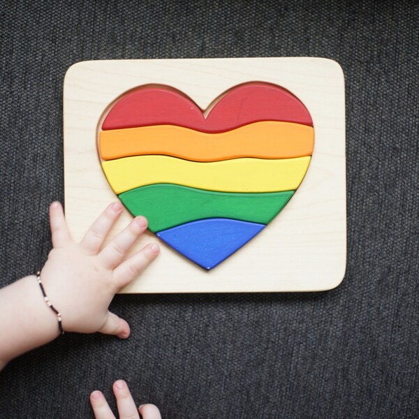 Rainbow Heart Puzzle, Wooden Puzzle, Gift for Kids, Montessori Material ...