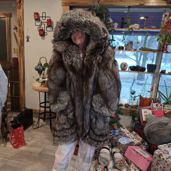 Men's 100% Ranch American Silver Fox Fur Jacket With Hood Coat Outwear ...