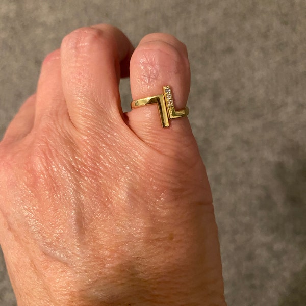 14K Gold T Bar Open Ring, T Paralel Ring, Statement Ring, Asymmetrical ...
