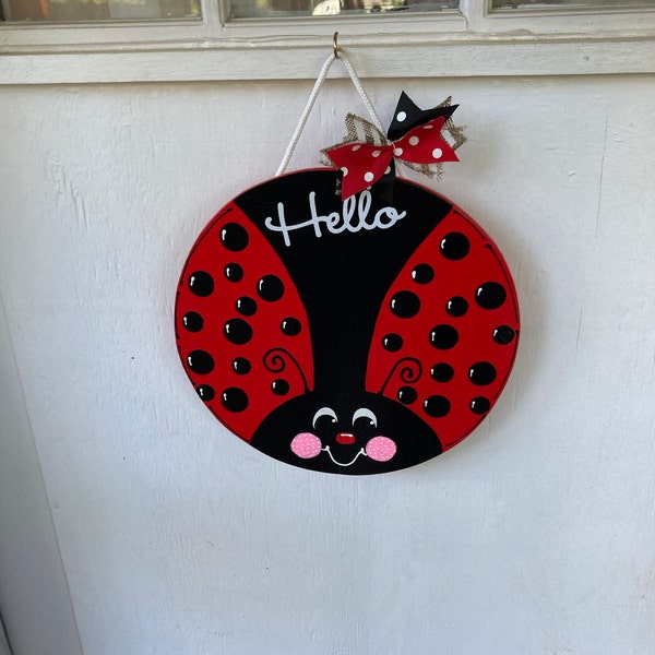 Hello LADYBUG Welcome Circle Sign Handcrafted Hand Painted Wall Art ...