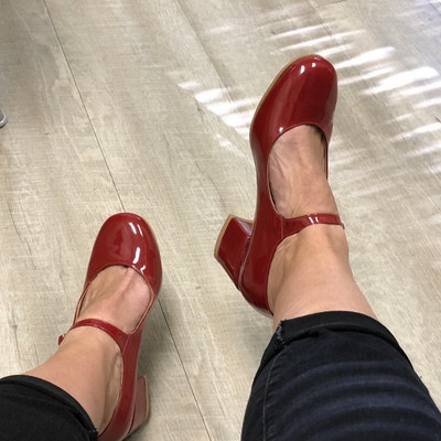 Red Mary Janes Patent Mary Janes Mid Heel Red Strap Shoes Round Toe ...