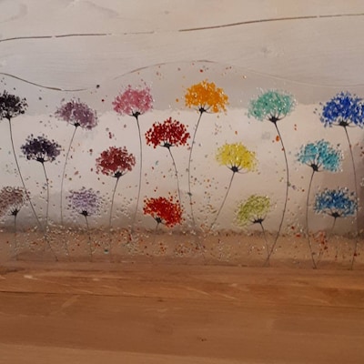 Large Whimsical Rainbow Flower Meadow Fused Glass Art Picture Sun ...
