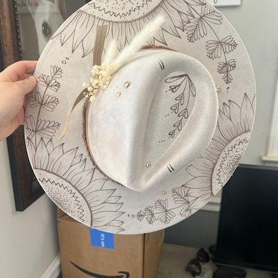 Tyler Childers Custom Hand Burned Wide Brim Fedora Hat Floral, Flowers, Card, Stitched, Concert ...