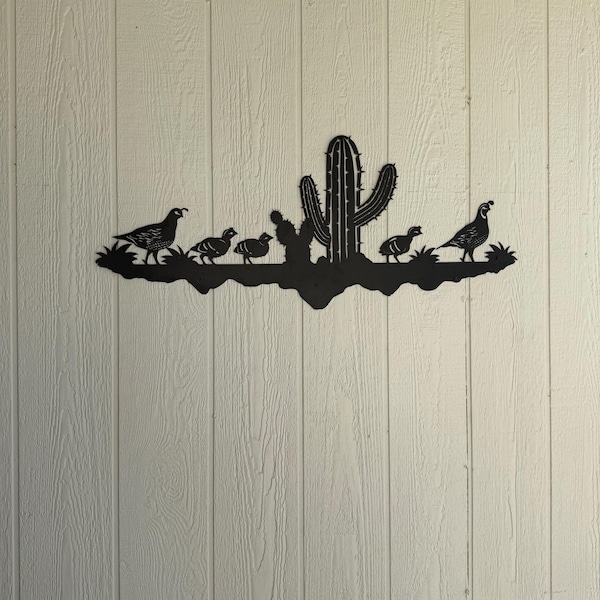 Cactus and Quail Metal Wall Sign, Quail Family in Desert Flat Decor ...