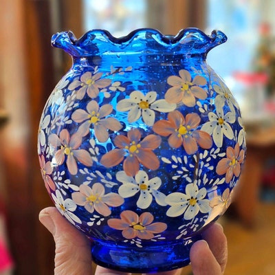 Large Heavy Glass Cylinder Vase. Hand Painted. Purple, Pink and White ...