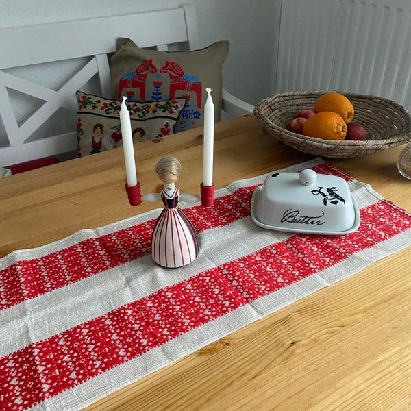 Pink and Brown Vintage Table Runner, Swedish Handwoven Linen Cloth ...