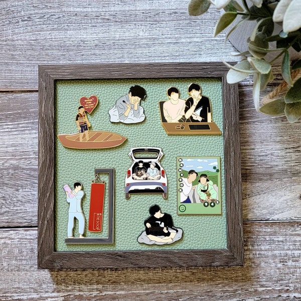 Handmade Fabric Framed Pin Board Display Sage Leather and Wood Style ...