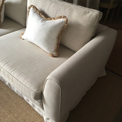 Dusty Pink and White Woven Ticking Fabric Cushions With Frill Around ...