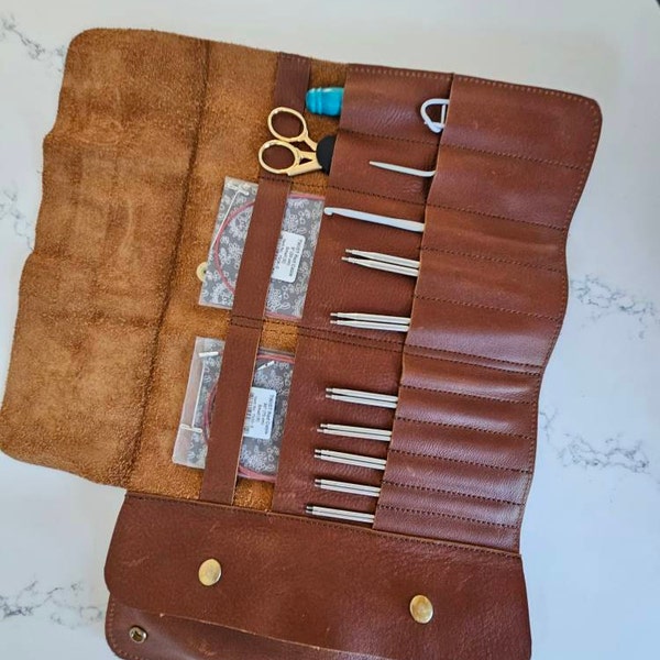 Brown Leather Knitting Bag, Leather Bag for Knitting or Crochet, Yarn ...