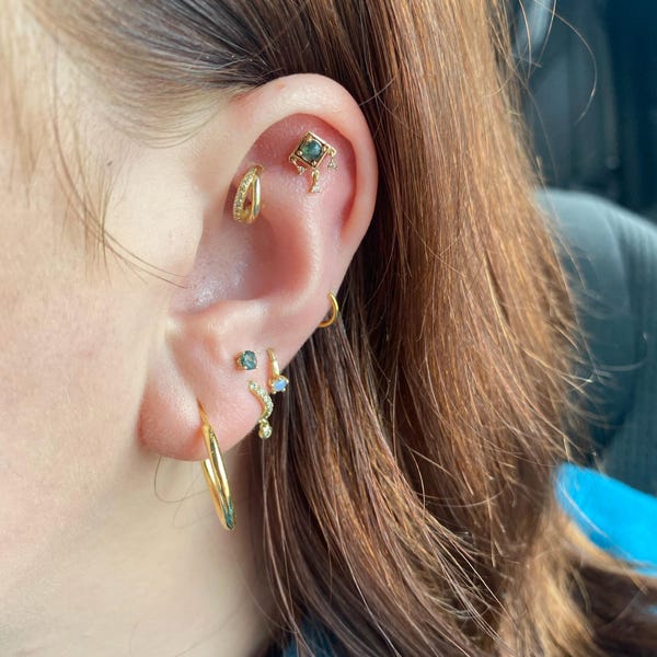 14K Gold Moss Agate Earring Threadless Push Pin Stud Dainty Fan Shape ...