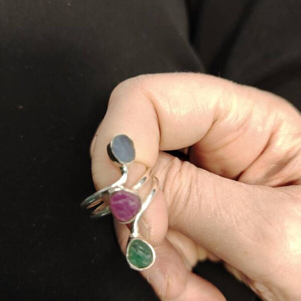 Raw Emerald Ruby Sapphire Ring, Multi Gemstone Ring, Adjustable Band Ring, Three Stone Ring ...