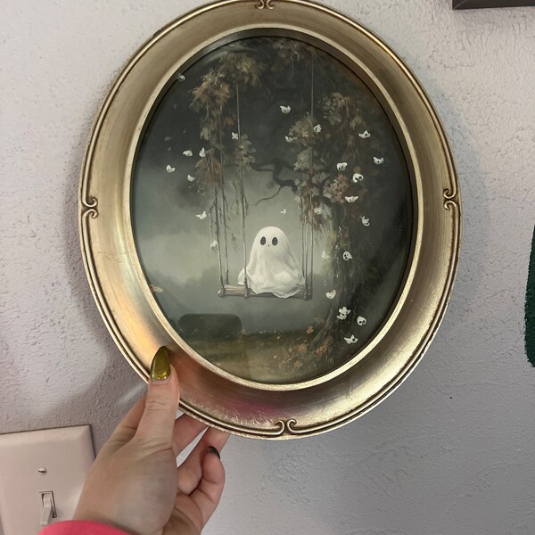 Cute Ghosts in Fall Meadow W/ Haunted House, Vintage Ghost Painting ...