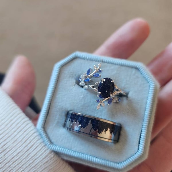 Starry Night & Trees Couples Ring Set- Galaxy Sandstone His and Hers ...