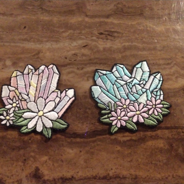 Crystal Patch With Flowers - Iron on Embroidered Patches - Rose Quartz ...
