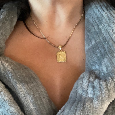 18K GOLD FILLED Initial Necklace, Square Initial Letter Necklace, Gold Rectangle Initial, Gold ...
