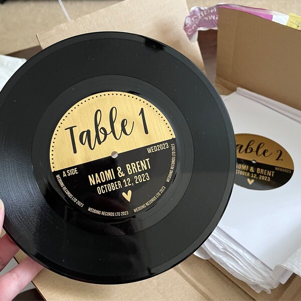 REAL 7" Vinyl Record Wedding Table Numbers/ Names - Metallic Gold Label ...