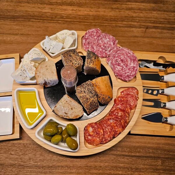 Personalised Bamboo Cheese Board With Condiment Bowls, Engraved ...