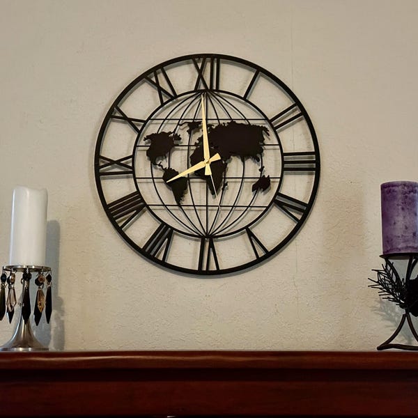World Map Metal Wall Clock, Earth Wall Clock, Geographic Compass Clock ...