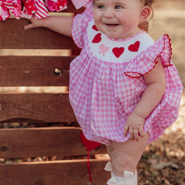 Valentine Smocked Bubble Romper - Red Hearts and Bows on Pink Gingham - Matching Sibling ...