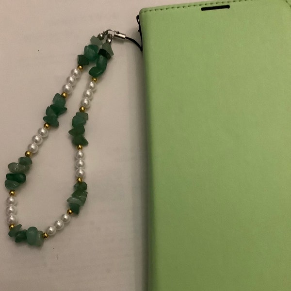Pesonalised Aventurine and Pearl Phone Chain Strap, Green Crystal Chip ...