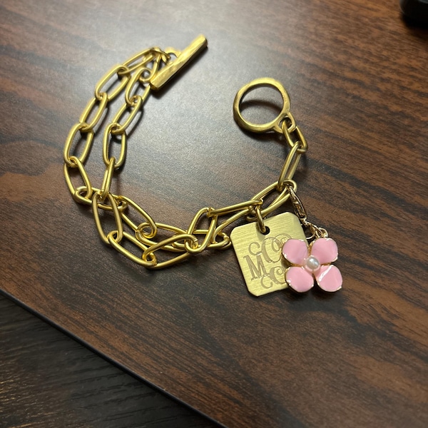 Bracelet, Paperclip Chain, Gold, Square Disc, Toggle, Personalized ...