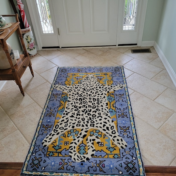 Hand Tufted Leopard Rug Floral Design Newziland Wool Large Area Rug 5X8 ...