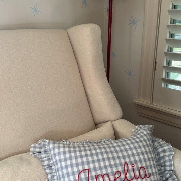 Embroidered Customised Name Linen Ruffle Mini Cushion in Yellow Gingham ...