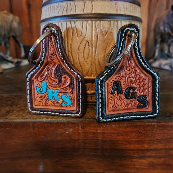 Handmade Leather Ear Tag Key Chains Personalized With Your Initials or ...